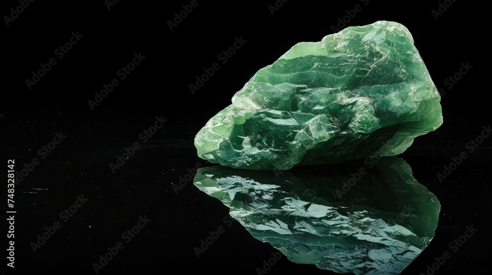 Jadeite mineral stone close up with reflection on black surface ...