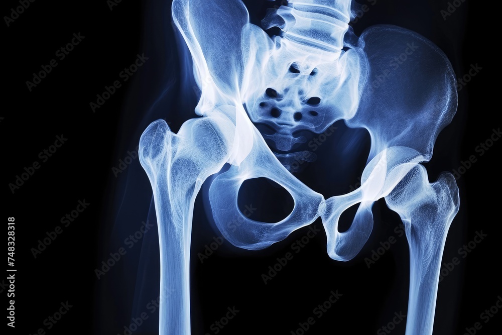This photo depicts a blue x-ray image of a human skeleton, revealing ...