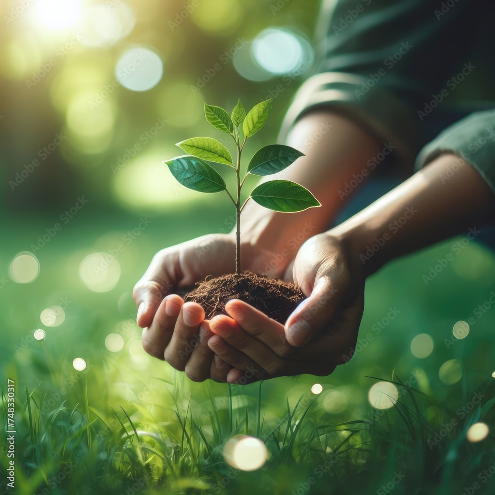Human hands holding a fresh green plant, symbol of growing business ...