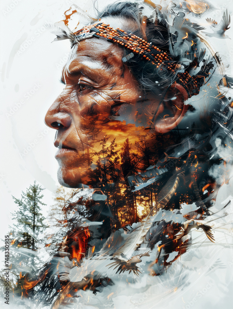 Side profile of a male native American Indian wearing traditional ...