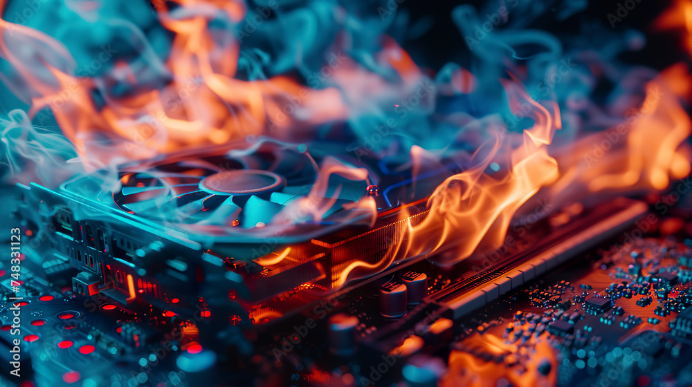 Illustration of a graphics card catching fire and emitting flames and ...
