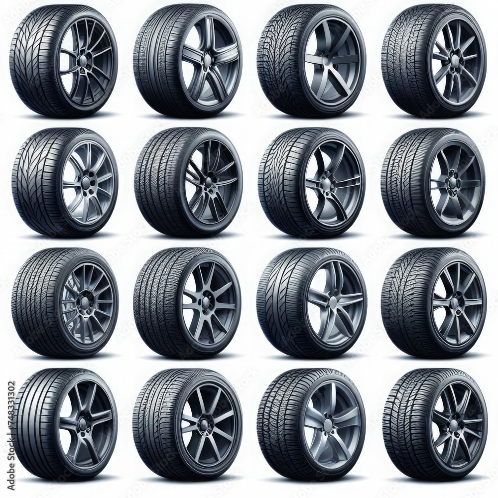 A realistic vector set depicting car tires with various tread marks ...