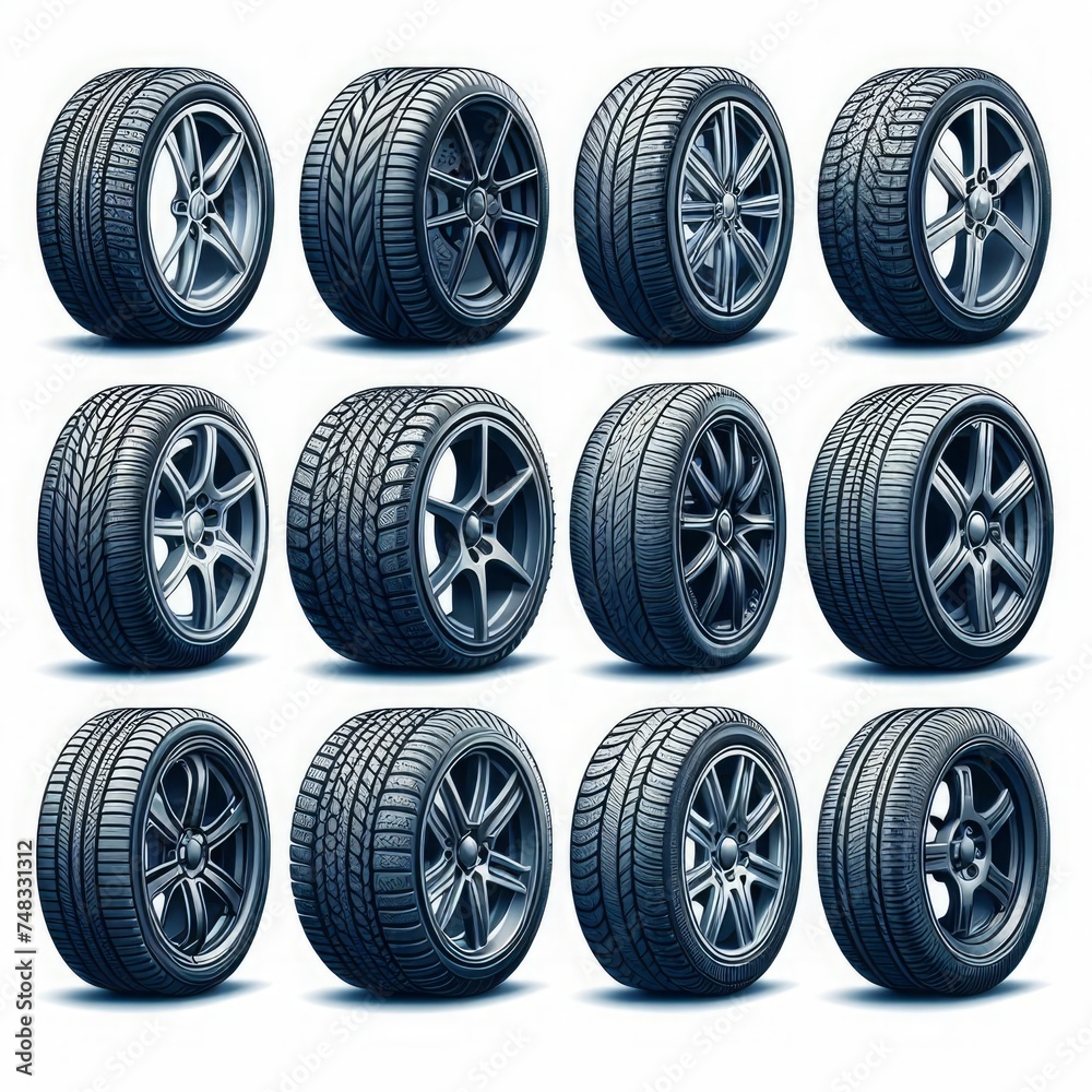 A realistic vector set depicting car tires with various tread marks ...
