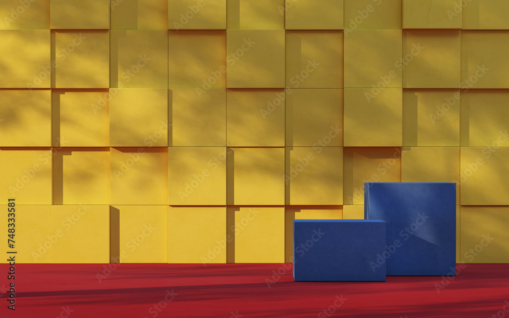 Multiple 3D render platforms with colorful wall backdrops and tree ...