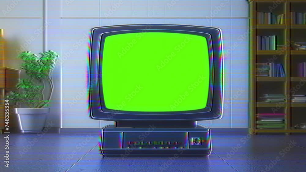 1980s era TV with static green screen in a cozy room with plants ...