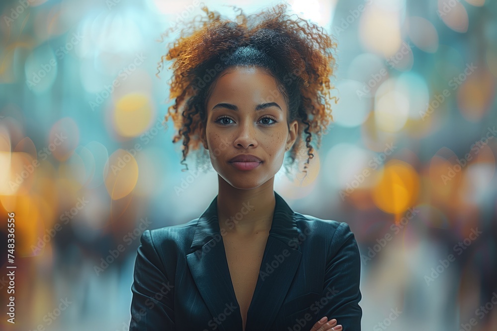 A confident woman in a sleek business suit stands tall amidst a sea of ...