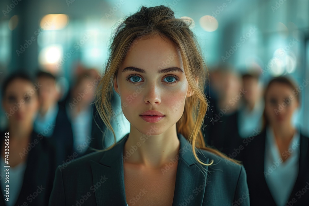 A confident woman in a sleek business suit stands tall amidst a sea of ...