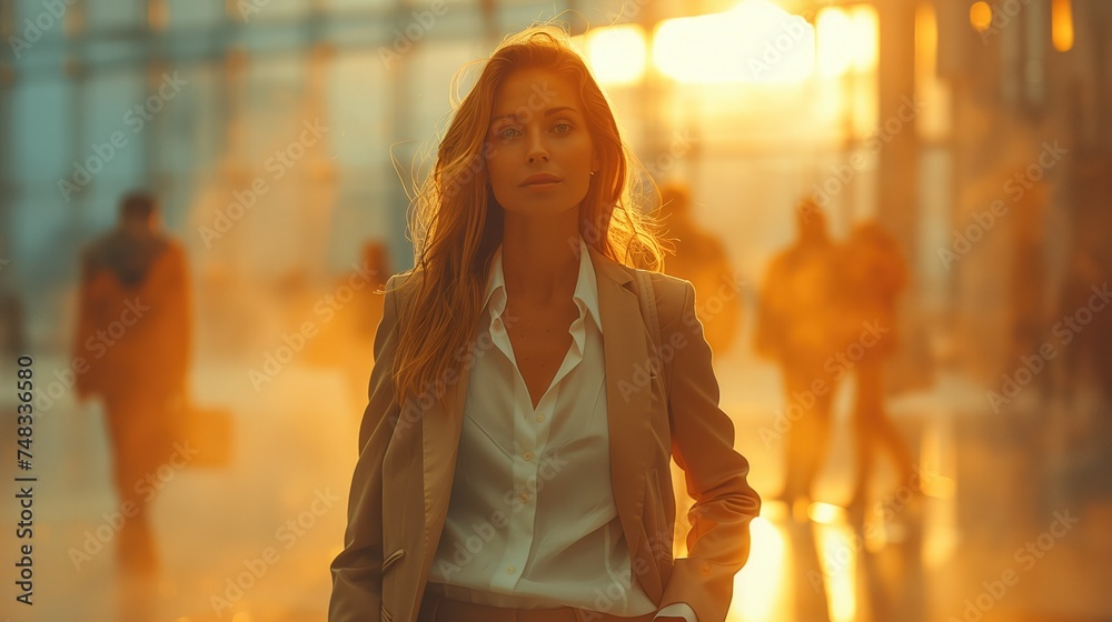 A confident woman in a sleek business suit stands tall amidst a sea of ...