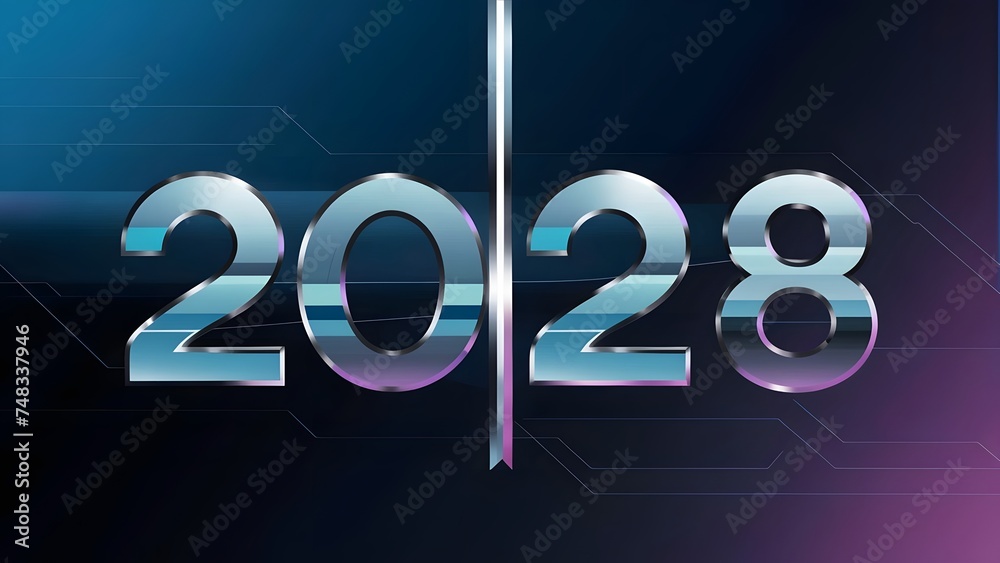 futuristic graphic design featuring the year "2028" in bold, metallic ...