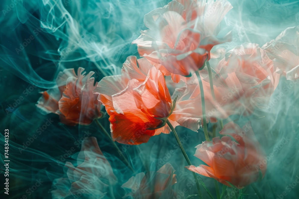 Blossomed flowers in the style of abstracted photography in light red ...