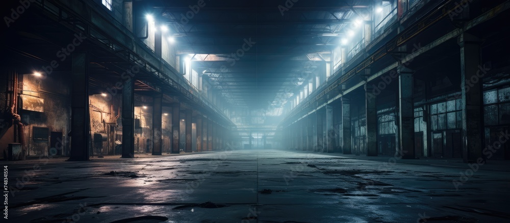A dimly lit warehouse filled with rows of windows allowing natural ...