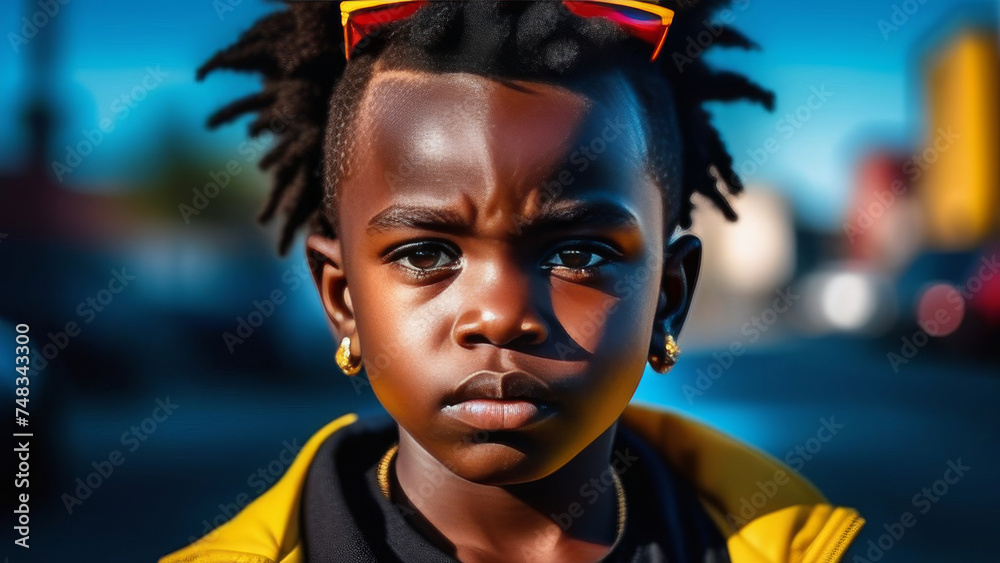 Sad african american kid girl on blurred abstract background. Portrait ...