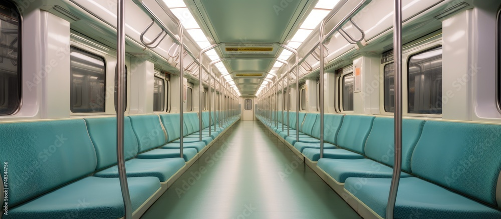 An empty train car with sleek blue seats and reflective mirrors ...