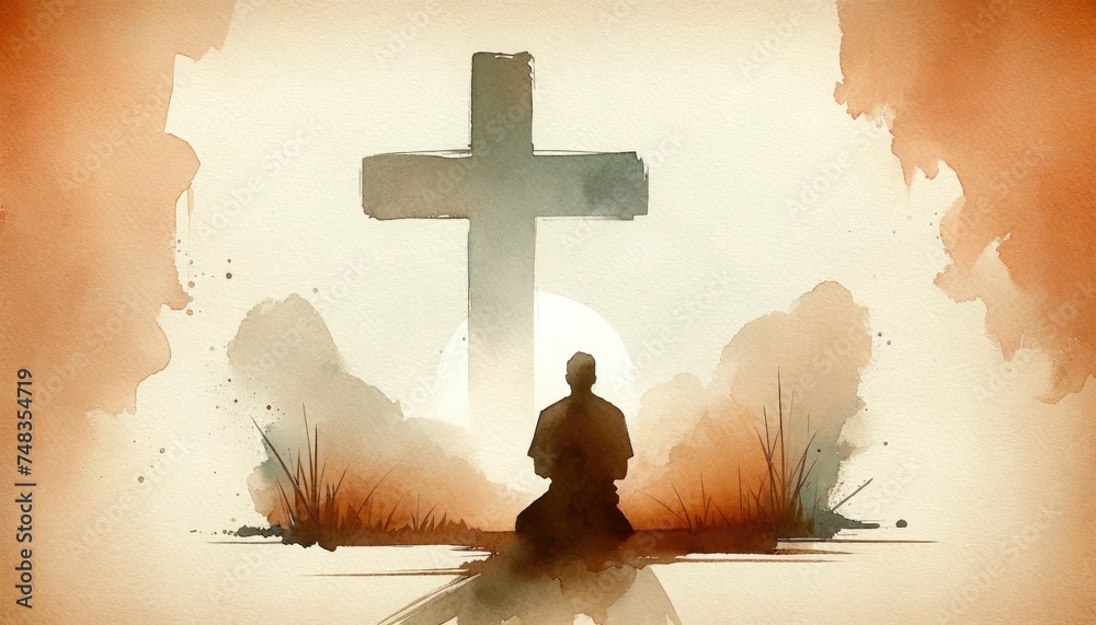 Silhouette of a man praying at the cross on watercolor background ...