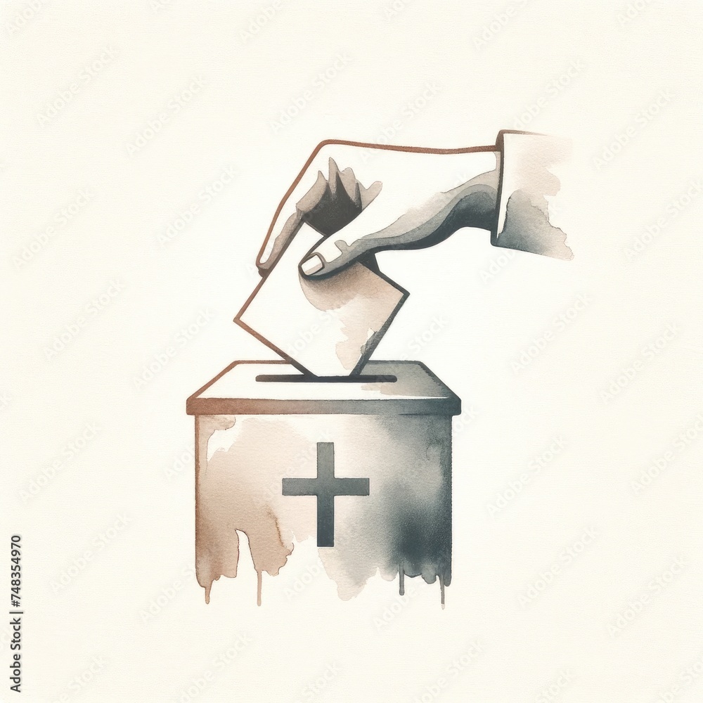 Hand putting a voting paper in the ballot box with christian cross ...