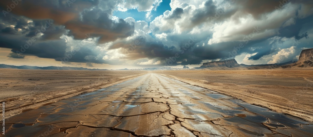 A wide open desert landscape dominated by the cracked terrain of the ...