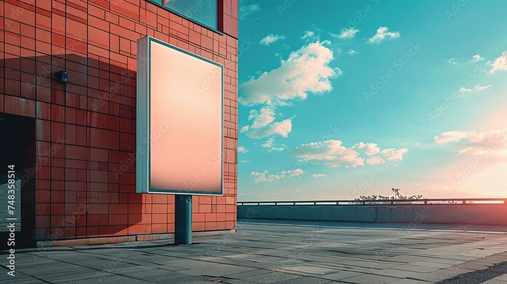 Side view of a white pylon stand with a brick building, an empty ...