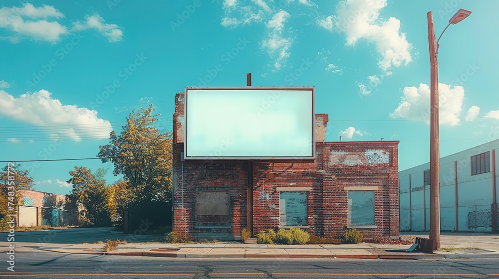 Side view of a white pylon stand with a brick building, an empty ...