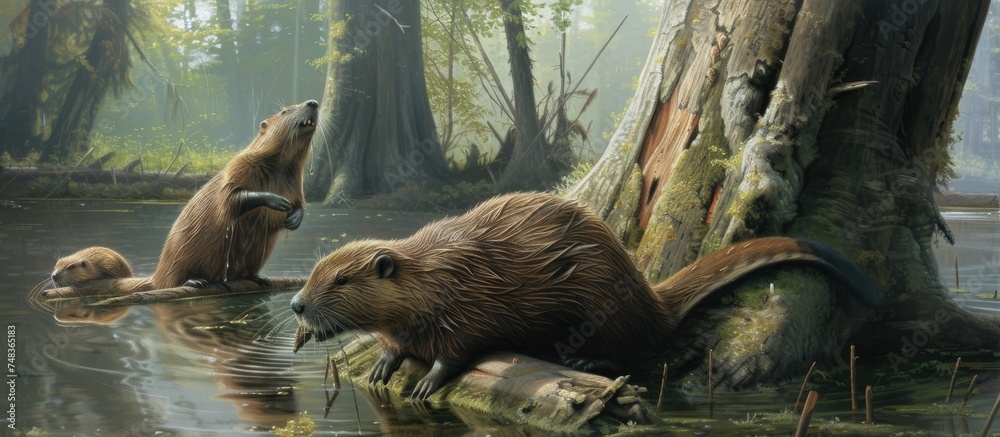 The painting depicts two beavers engaging in playful activities in the ...