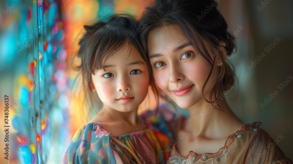 Two young girls of similar age and height stand side by side ...