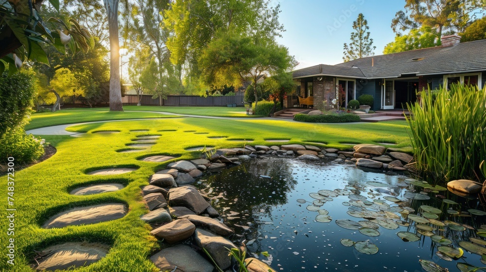 beautiful little lake in the backyard of a house with stone footprints ...
