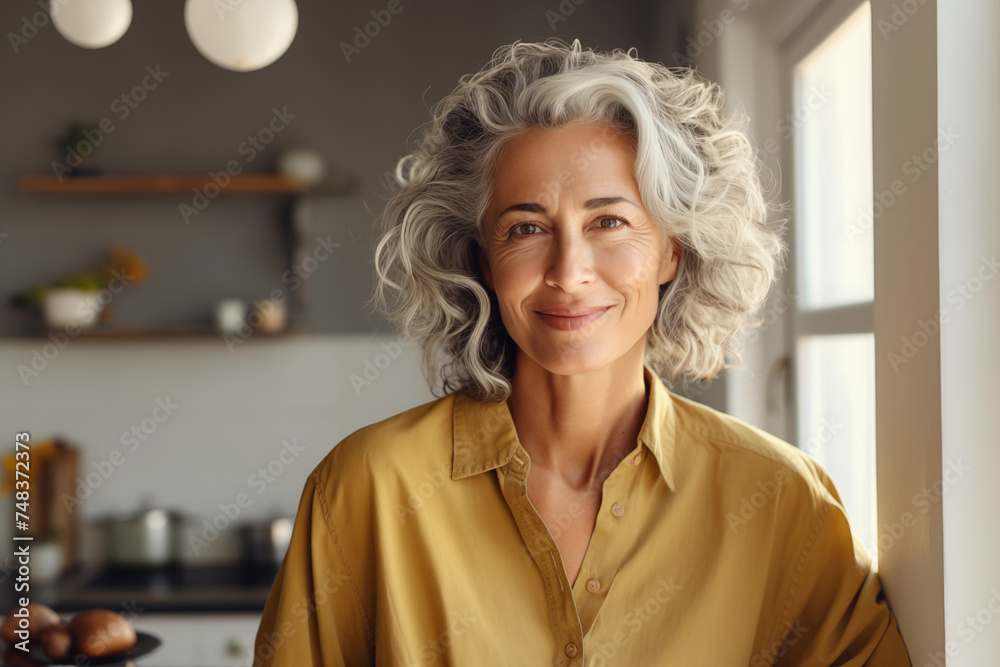 Pretty old mature woman looking at camera with serious positive face ...