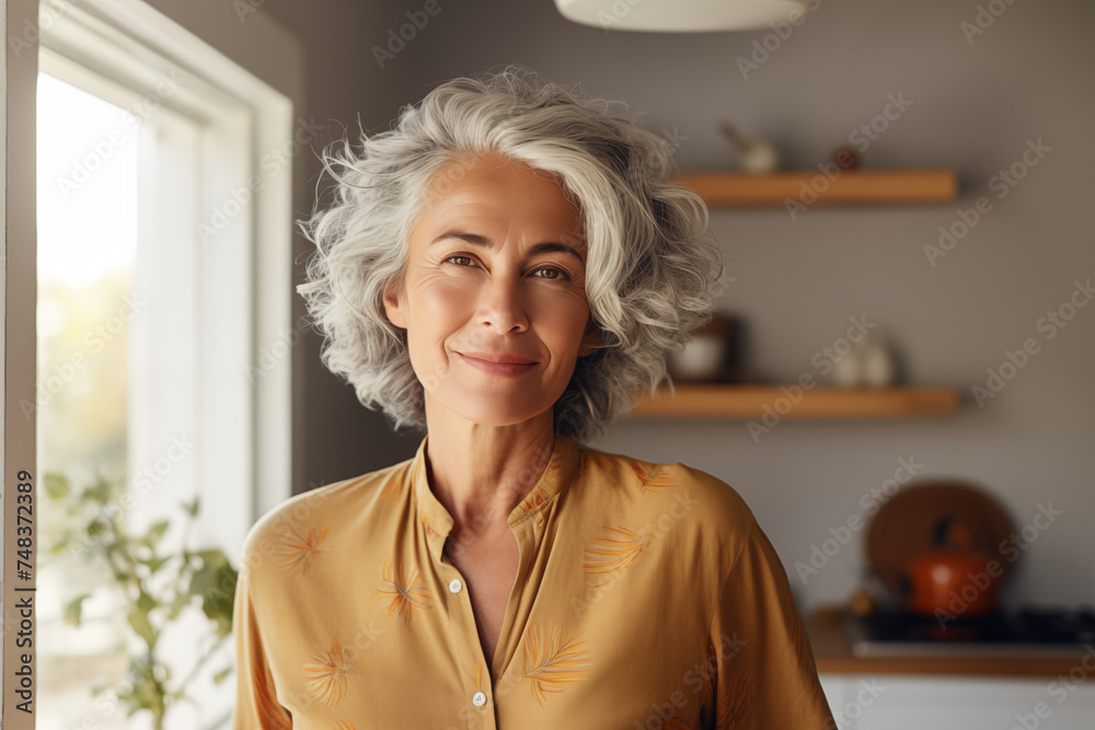 Pretty old mature woman looking at camera with serious positive face ...