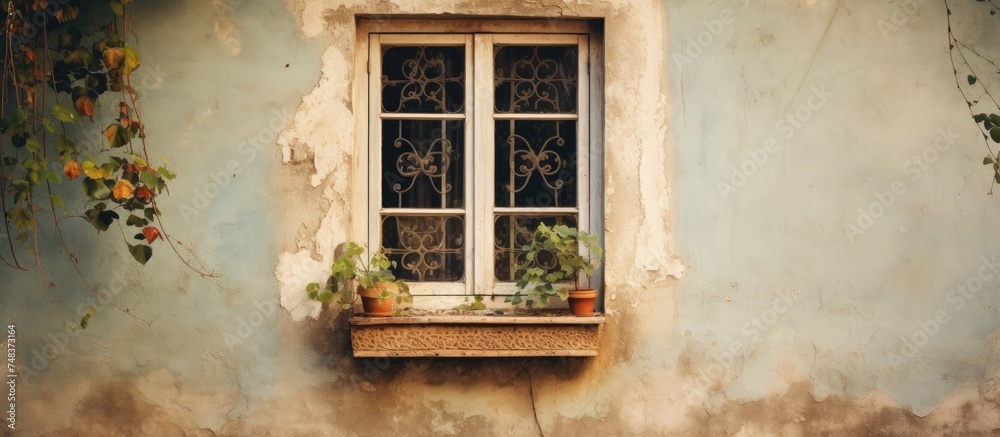 A healthy green plant is growing out of a vintage window of a house ...