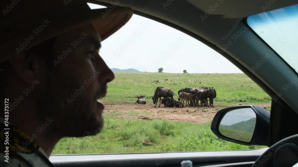 Vidéo Stock . man tourist traveler drinks water in safari vehicle ...