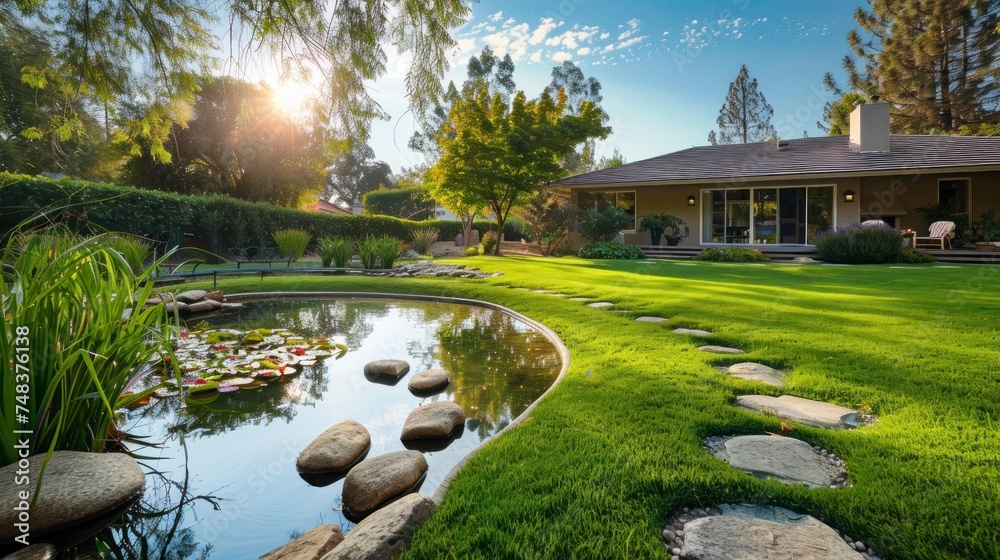 majestic backyard with a small lake stone footprints in a sunrise with ...