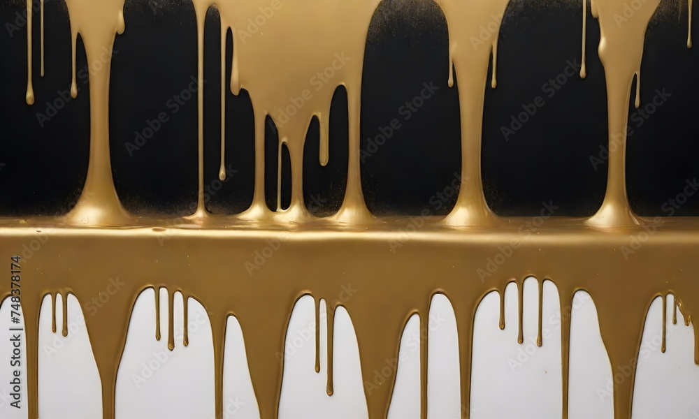 Elegant streaks of gold paint cascade down a pristine white canvas ...