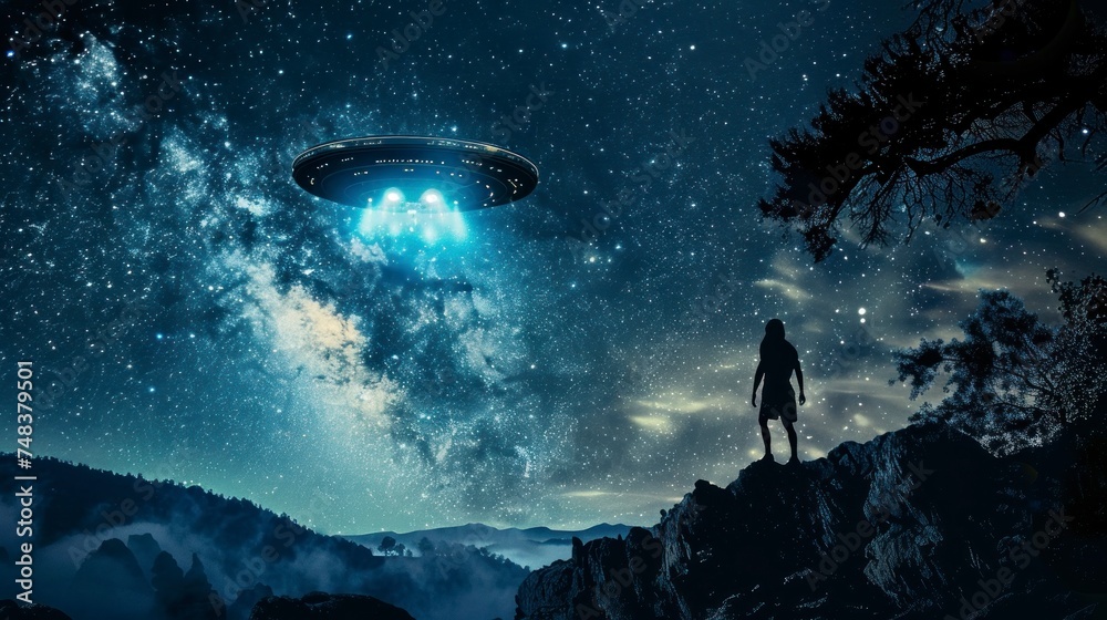 caveman observing a large alien ship in the night sky in high ...