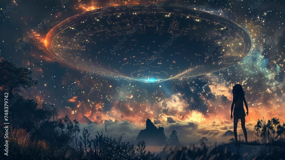 caveman observing a large alien ship in the night sky in high ...