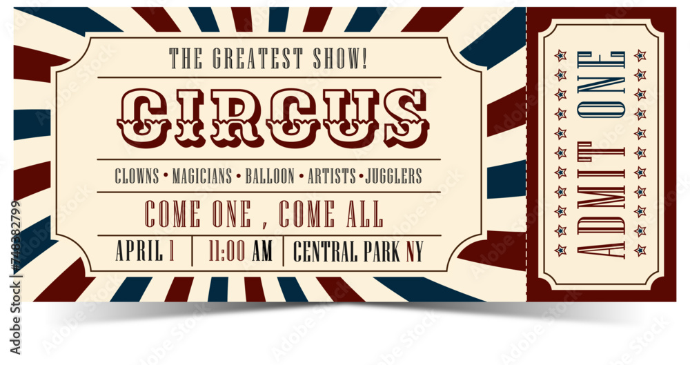 Vintage circus ticket template, old carnival entry ticket Stock Vector | Adobe Stock
