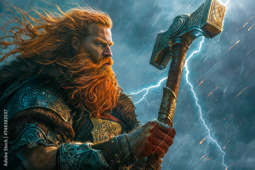 The Norse god Thor with his hammer Mjölnir in a lightning storm ...
