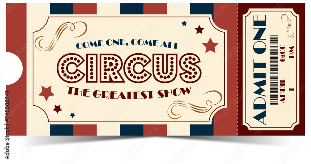 Vintage circus admit one ticket template, old carnival entry ticket ...
