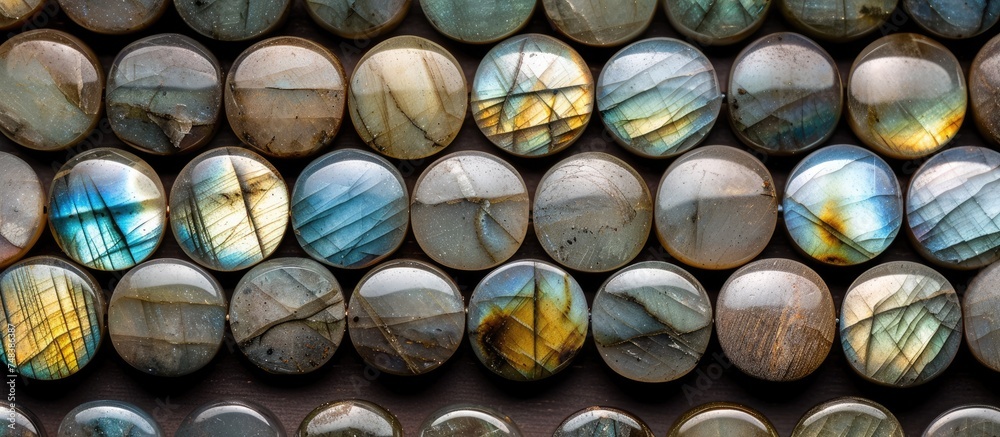 A collection of labradorite marbles skillfully stacked on top of each ...