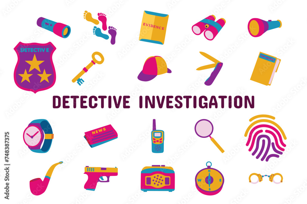 Detective Investigation Flat Vector Illustration Icon Sticker Set ...