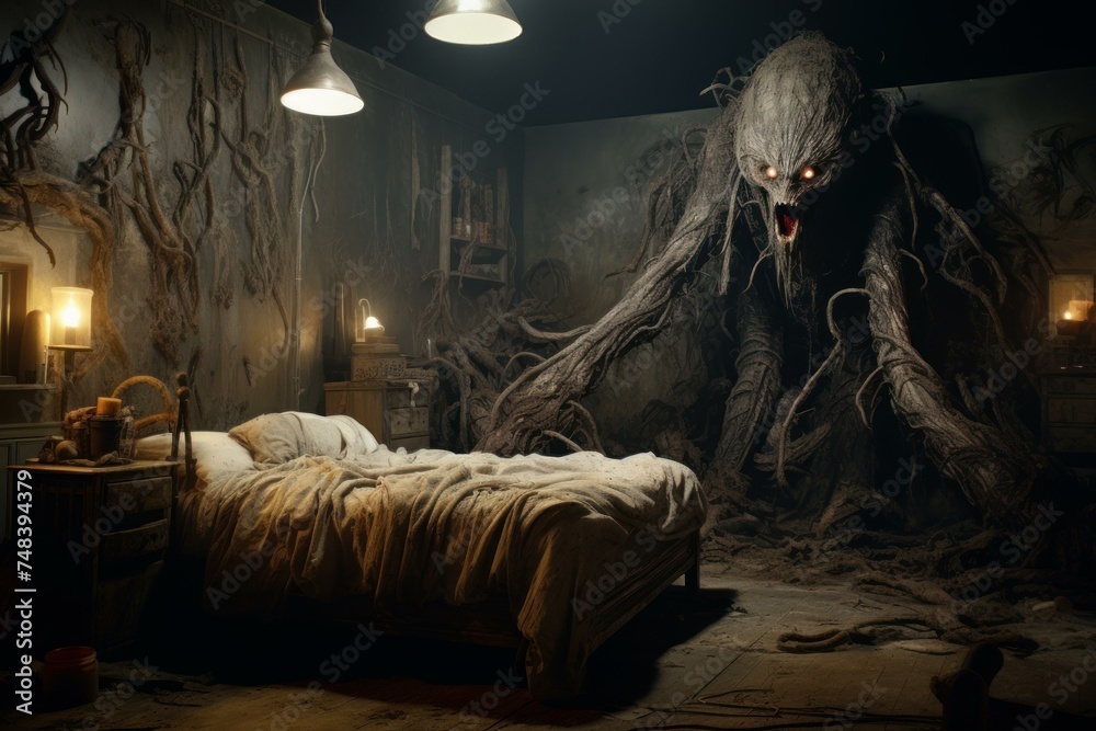 Imaginary Nightmare monster in kid bedroom. Imaginary scary monster ...