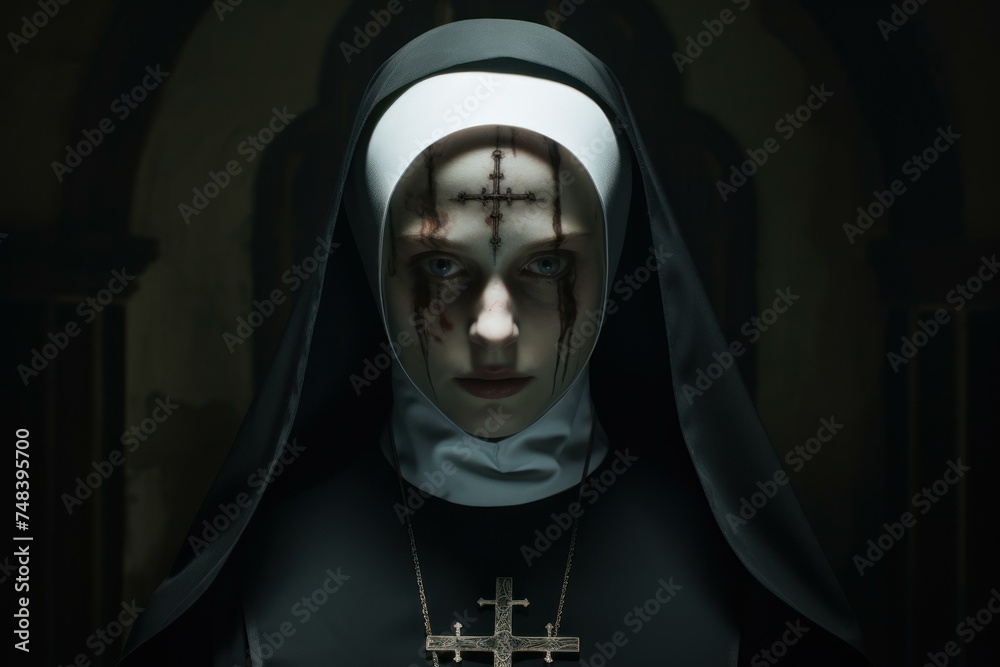 Mysterious Nun creepy portrait. Demon ghost sister. Generate Ai Stock ...