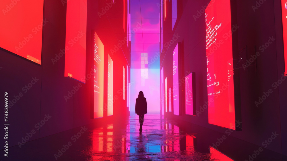A lone figure walks down a neonlit street engulfed in a sea of towering ...