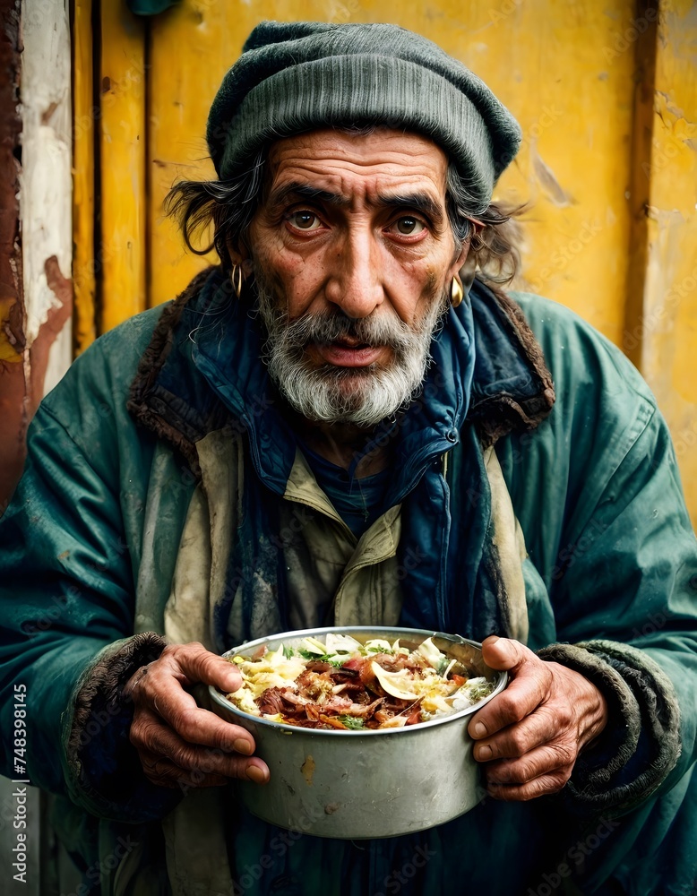 An elderly man stares deeply into the camera, clutching a bowl filled ...