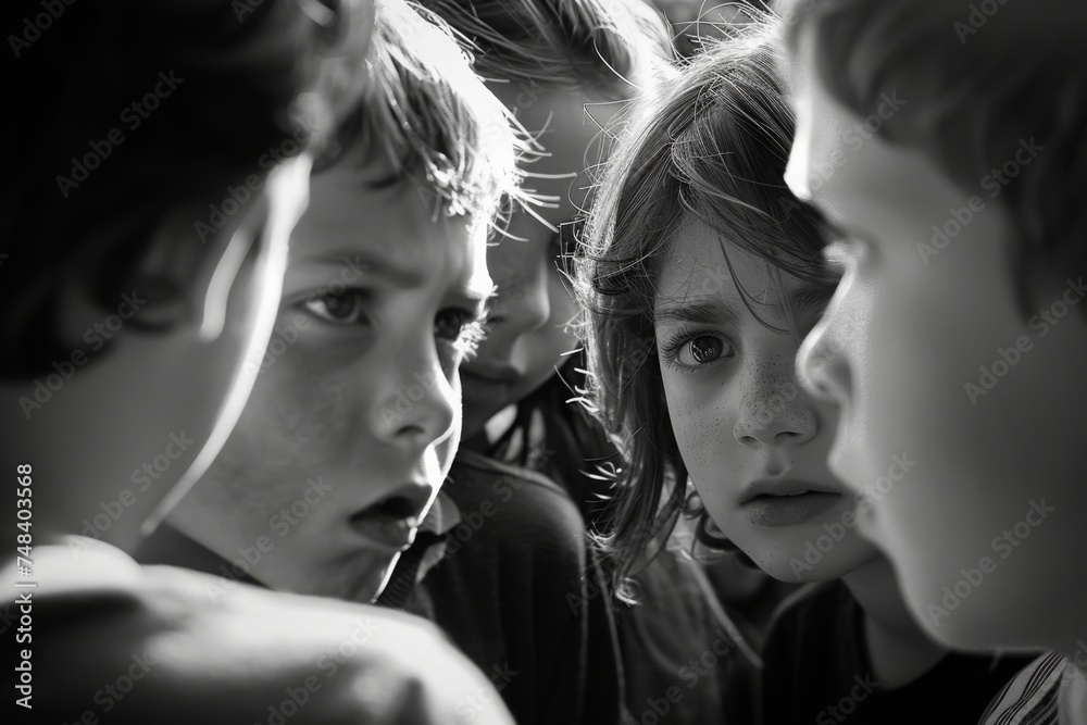 School bullying problem, sad child victim sitting alone in classroom ...