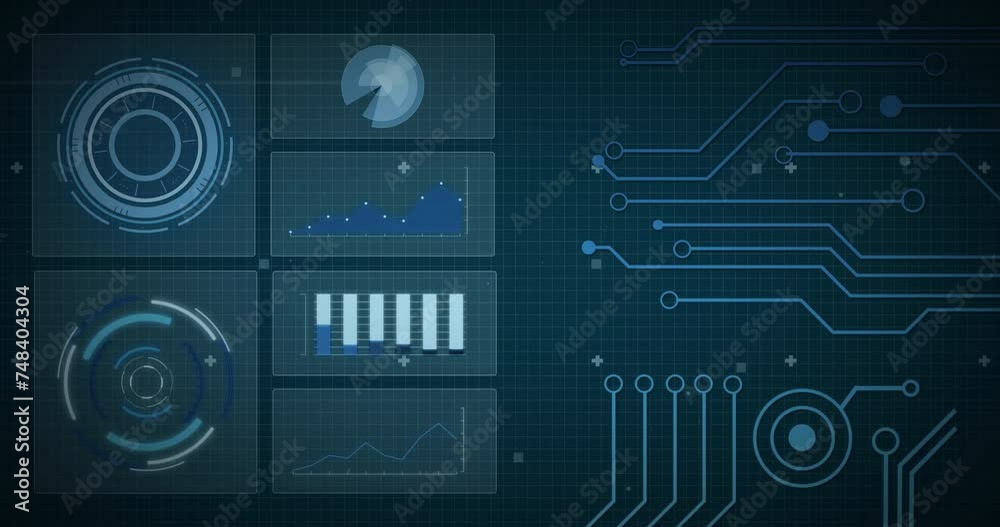 Animation of scope scanning and diagrams over data processing with connections Stock Video ...