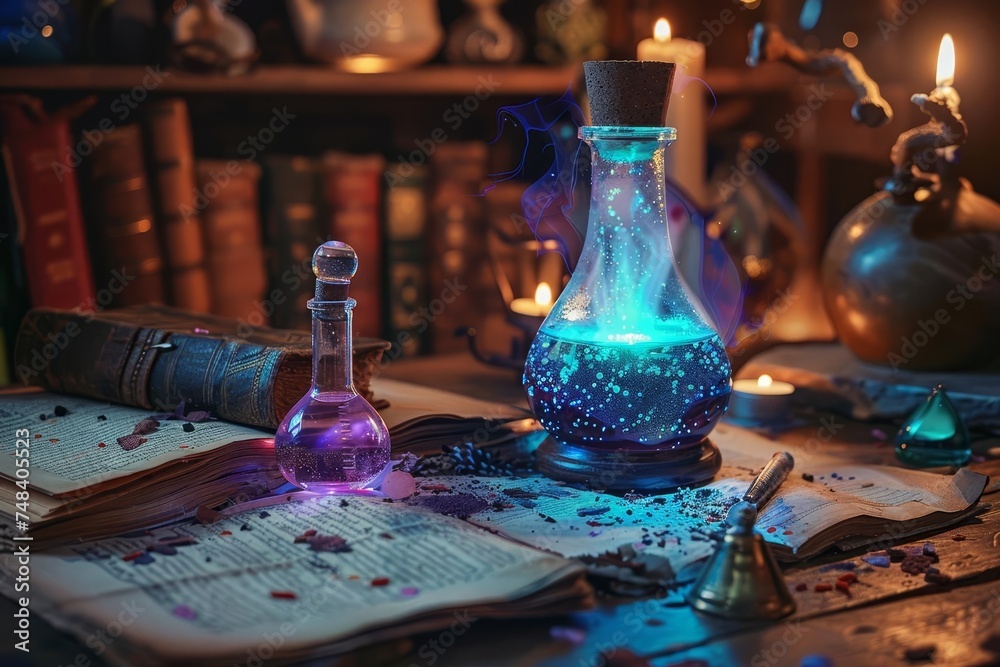 Mystical alchemist's lab Glowing enchanted potion in a crystal flask ...