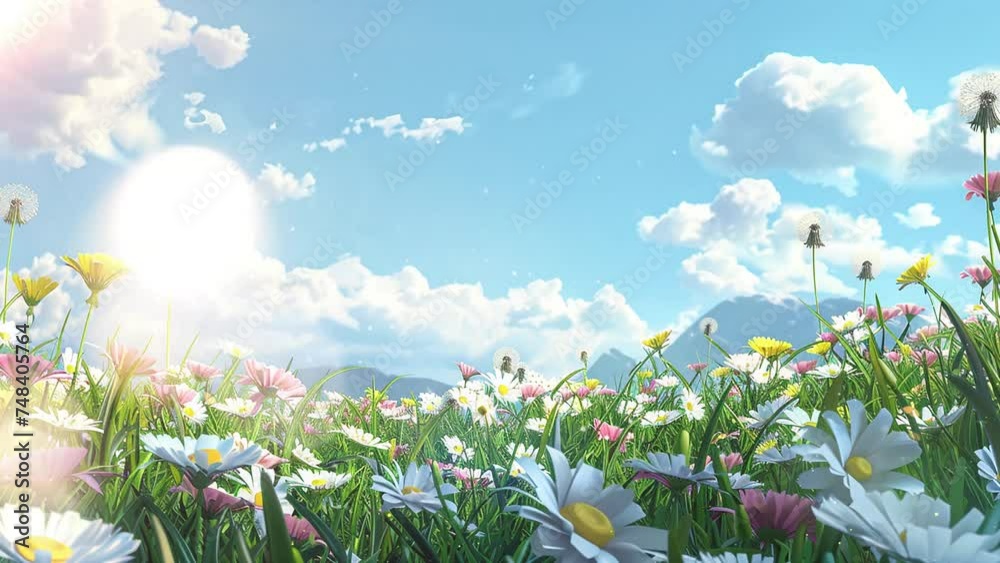 meadow with lots of white and pink spring daisy flower. nature ...