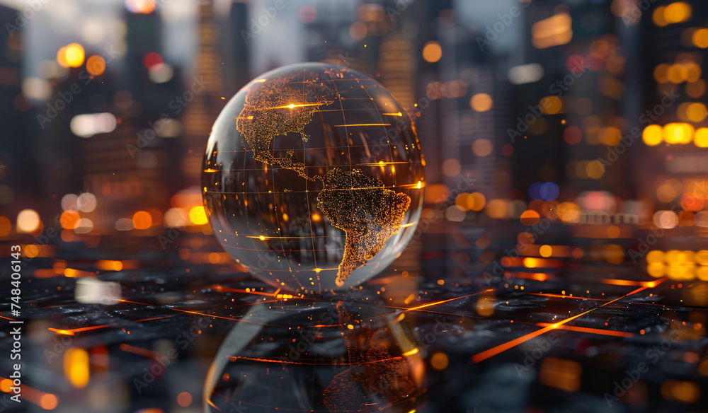 Translucent World Globe Radiating Light Over Network Grid with Urban ...