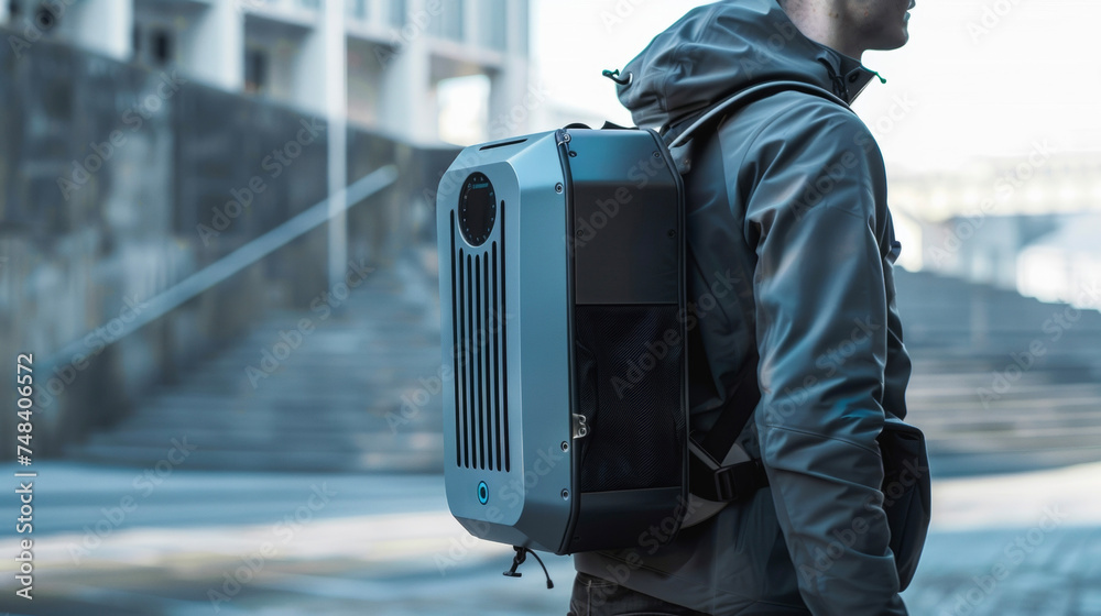 A side profile of a lightweight and ergonomic air purifier backpack ...