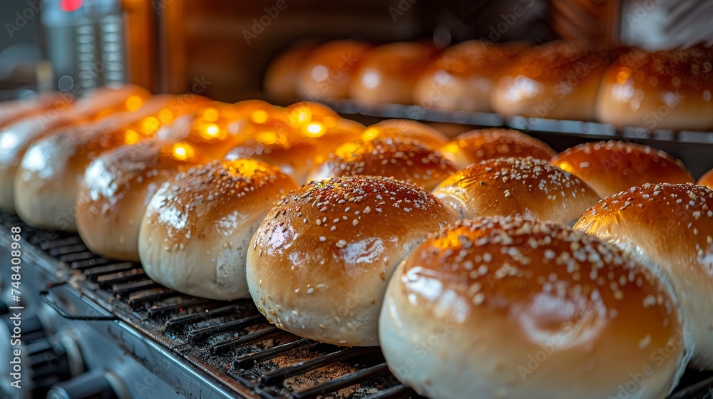 Breads coming out of the modern electric oven with an inviting, golden ...