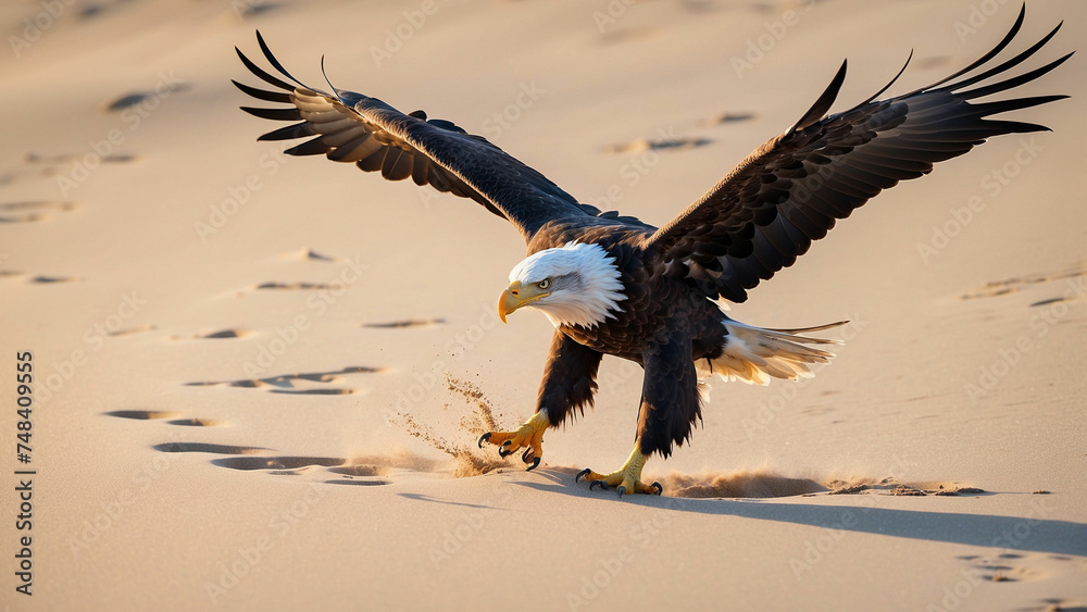 Basking in the warm glow of the setting sun a bald eagle makes its way ...